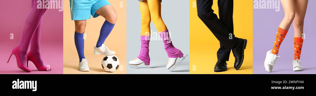 Collage of people in different shoes on color background Stock Photo ...
