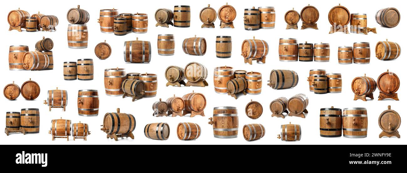 Big collage of wooden barrels on white background Stock Photo - Alamy