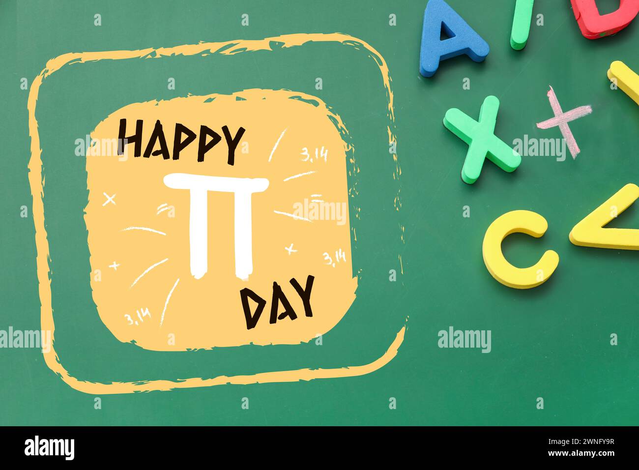 Text HAPPY PI DAY, letters and mathematical signs on green background ...