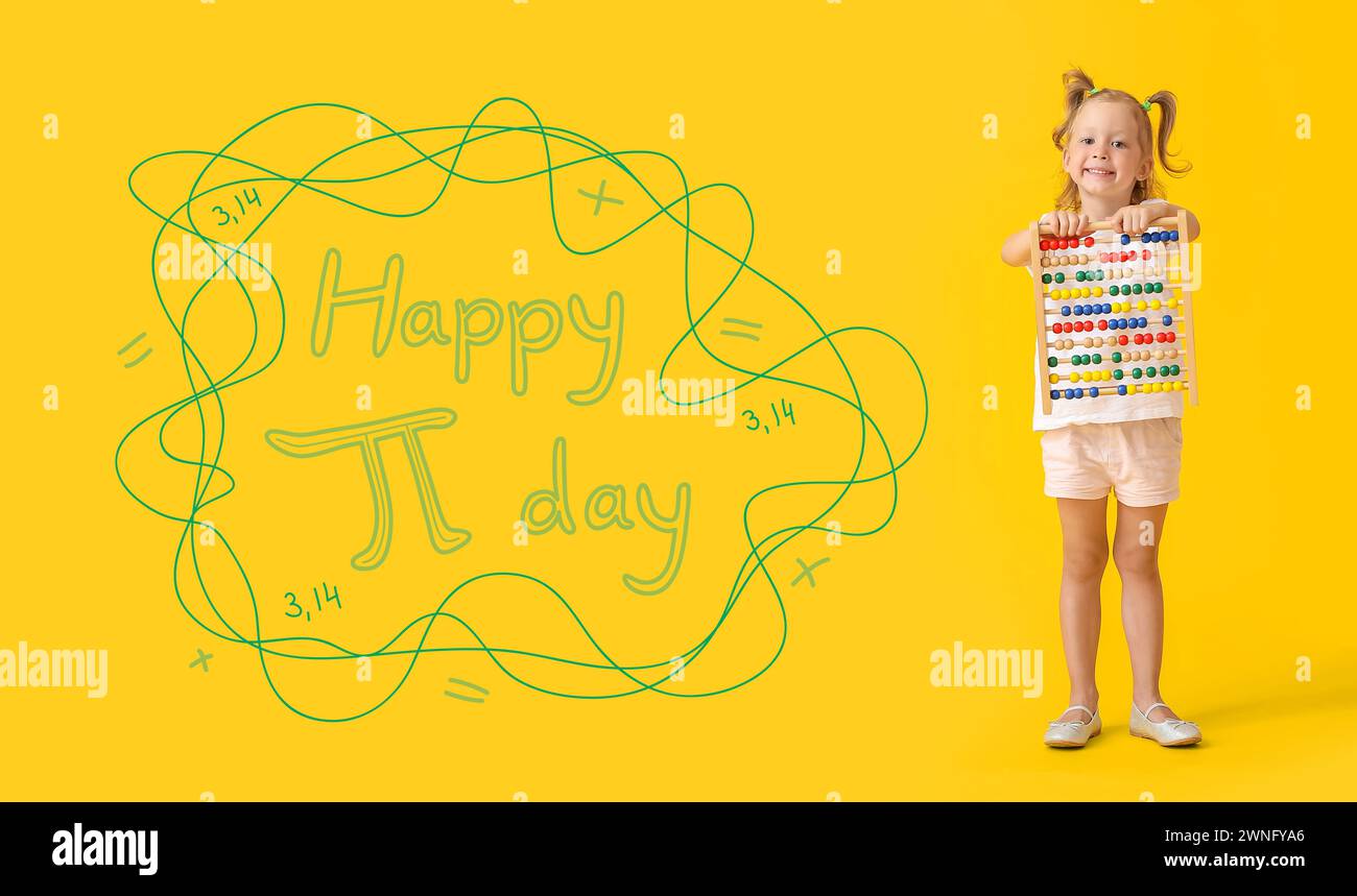 Adorable little girl with abacus on yellow background. International Pi ...