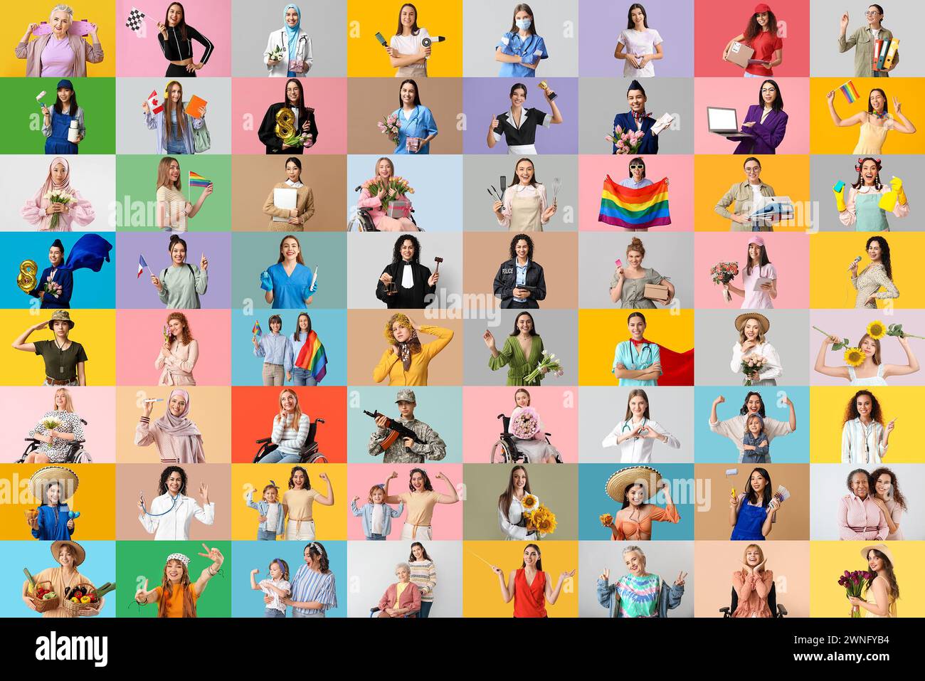 Big collage of beautiful women on color background Stock Photo - Alamy