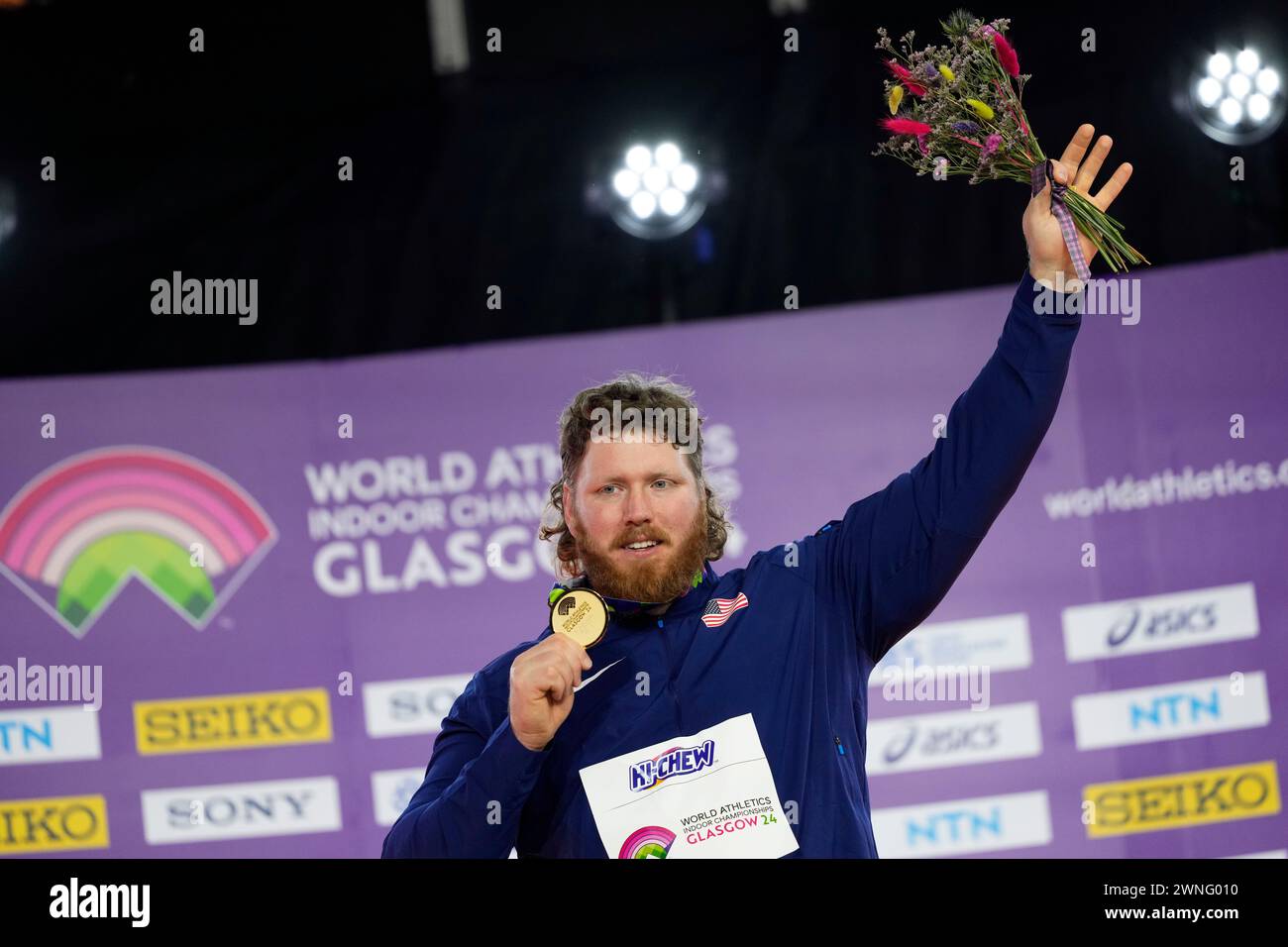Ryan Crouser, of the United States, poses with his gold medal on the ...