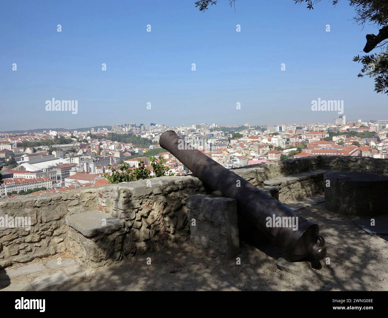 view of Sao Jorge Castle, a Moorish castle which sits on hilltop and ...