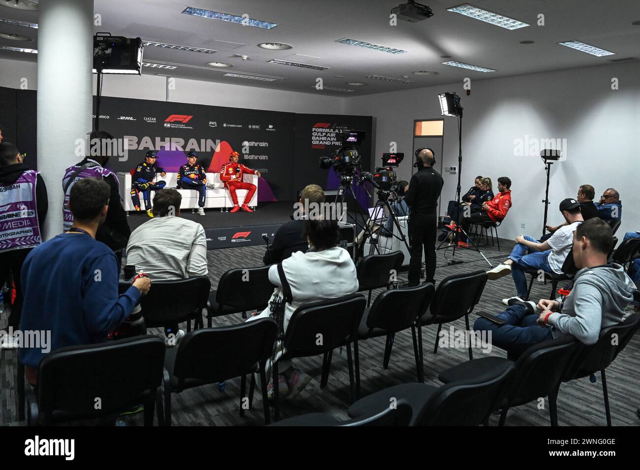Sakhir, Bahrain. 02nd Mar, 2024. (L to R): Sergio Perez (MEX) Red Bull ...