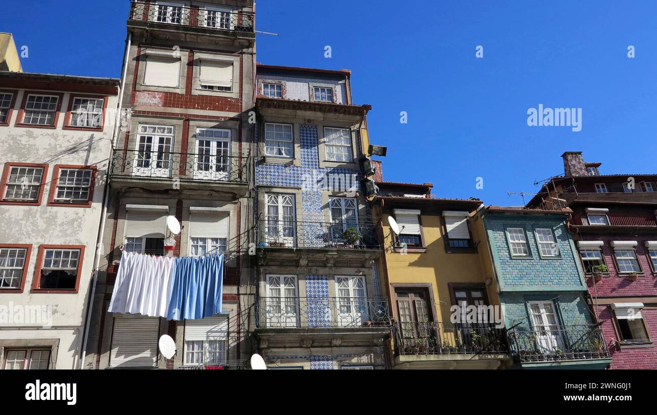 facade of old buildings in the ribeira region, Porto (Oporto), Portugal ...