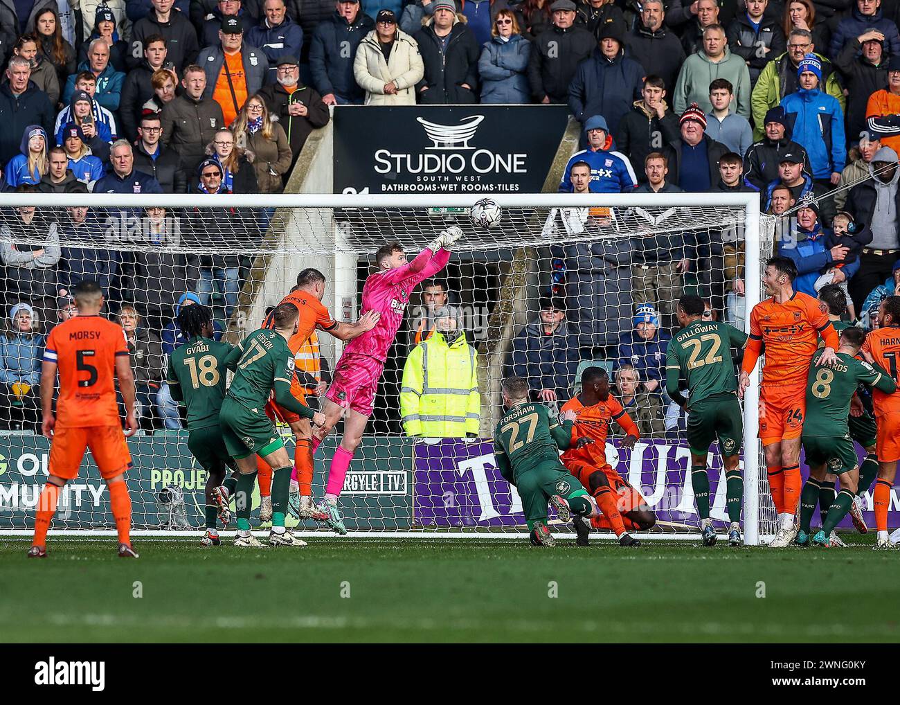 Conor Hazard of Plymouth Argyle makes a save during the Sky Bet ...