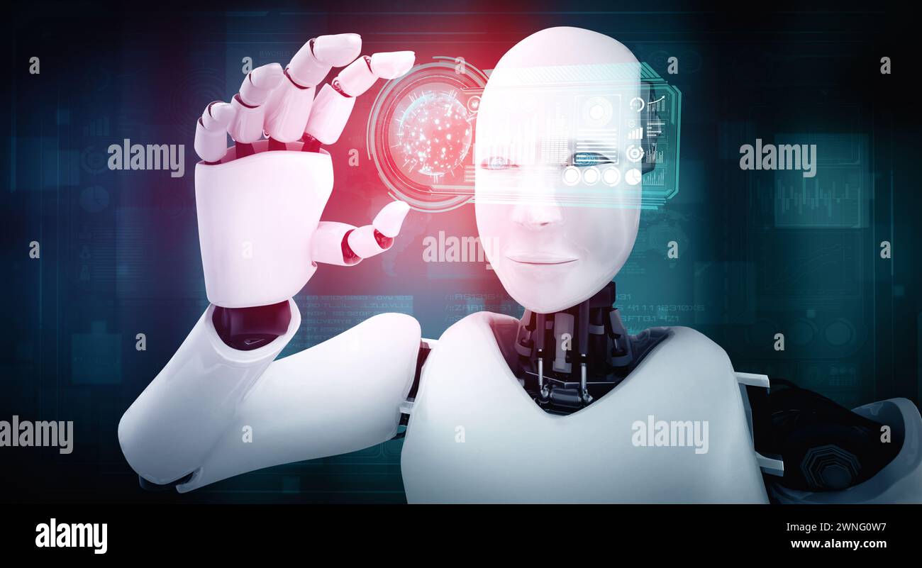 XAI 3d illustration Robot humanoid hold HUD hologram screen in concept ...