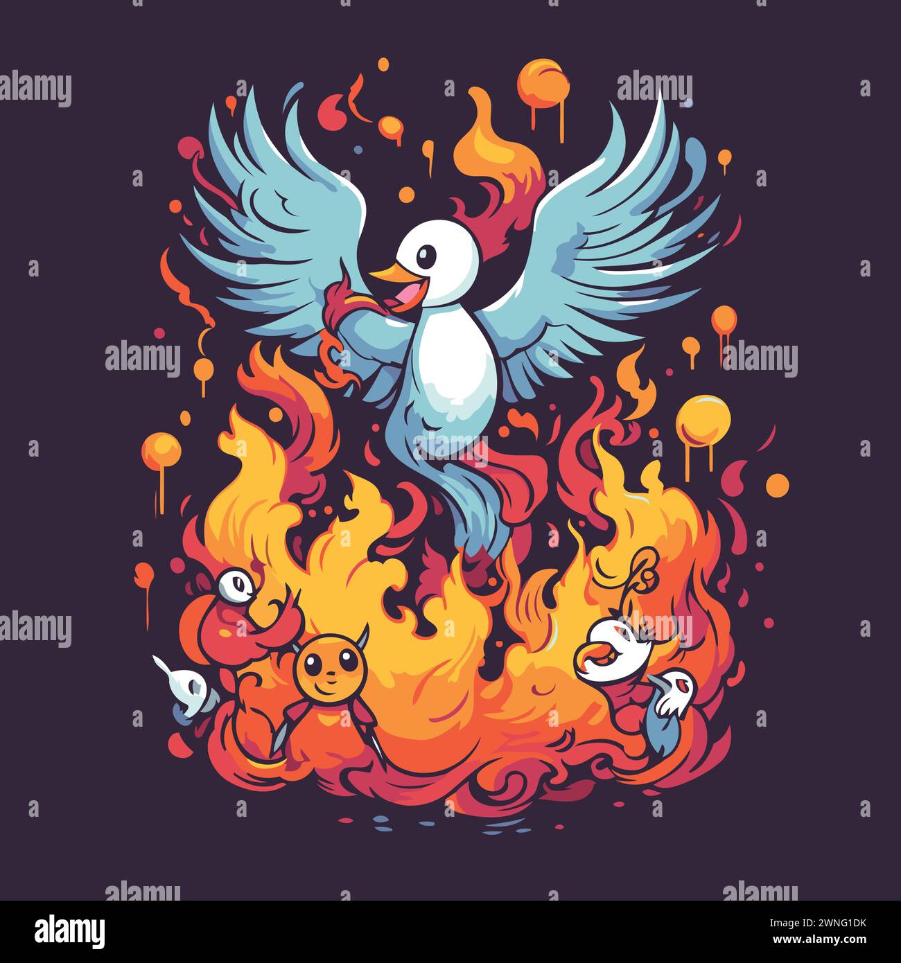 Vector illustration of a flying white swan in flames with birds on dark ...
