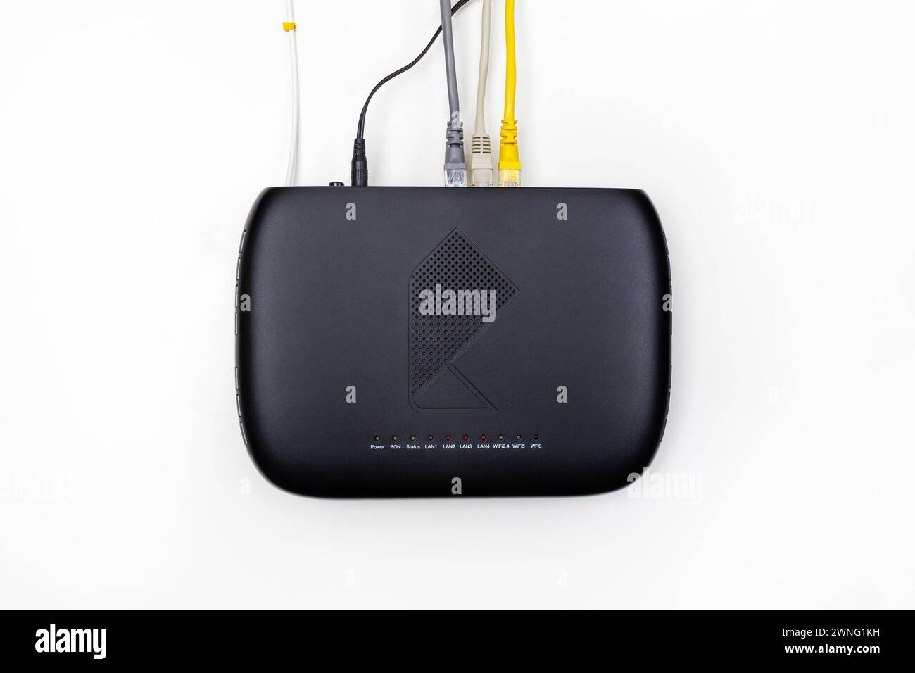 Krasnodar, Russia - December 28, 2023: black gpon subscriber terminal ...