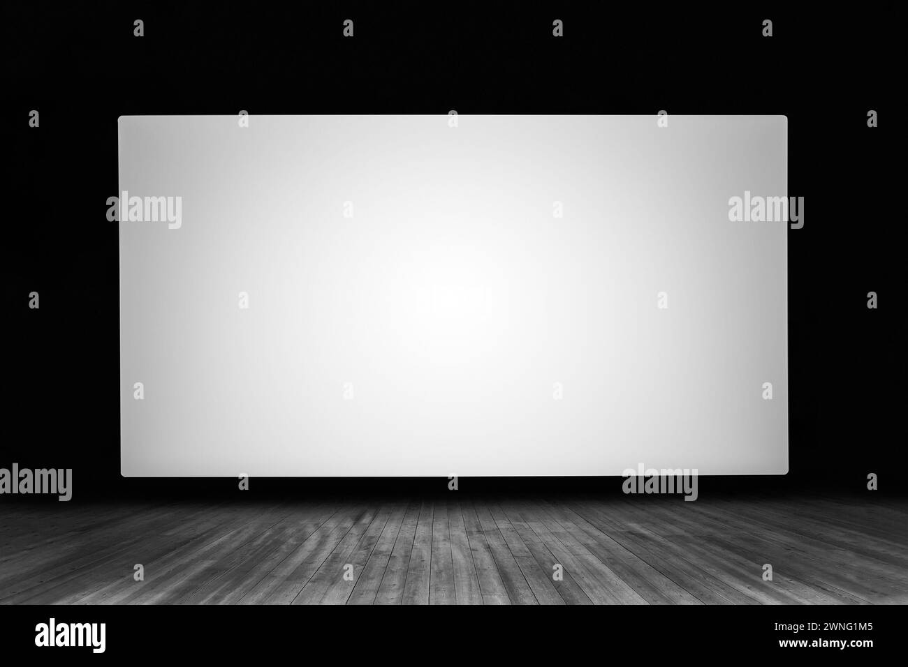 an empty white screen on a wooden stage in a 3d movie theater black and ...
