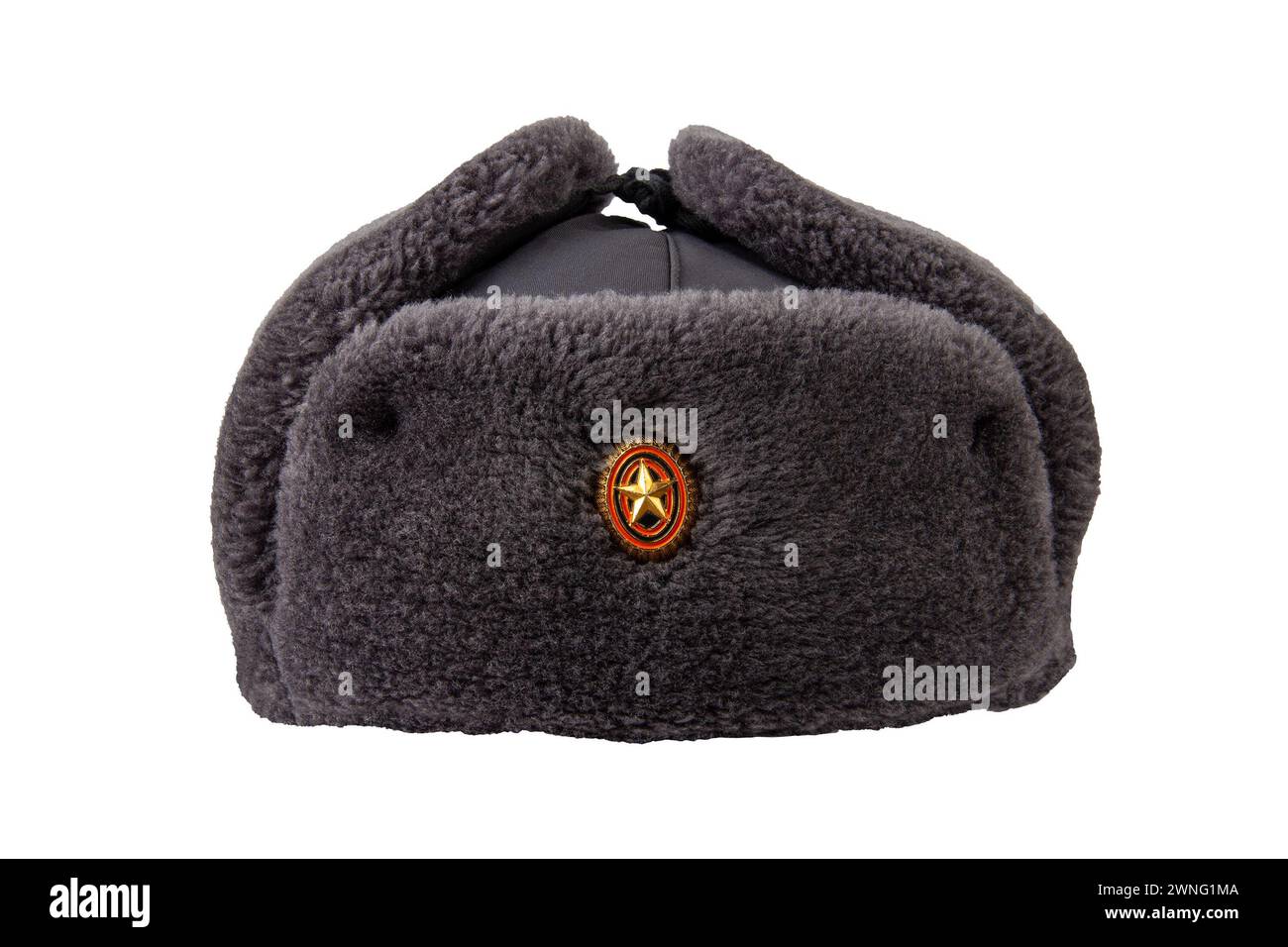 winter fur hat of a Russian soldier with a star on the cockade isolated ...