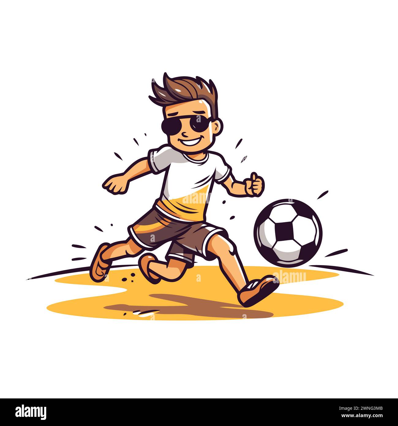 Cartoon soccer player kicking the ball. Vector illustration isolated on ...