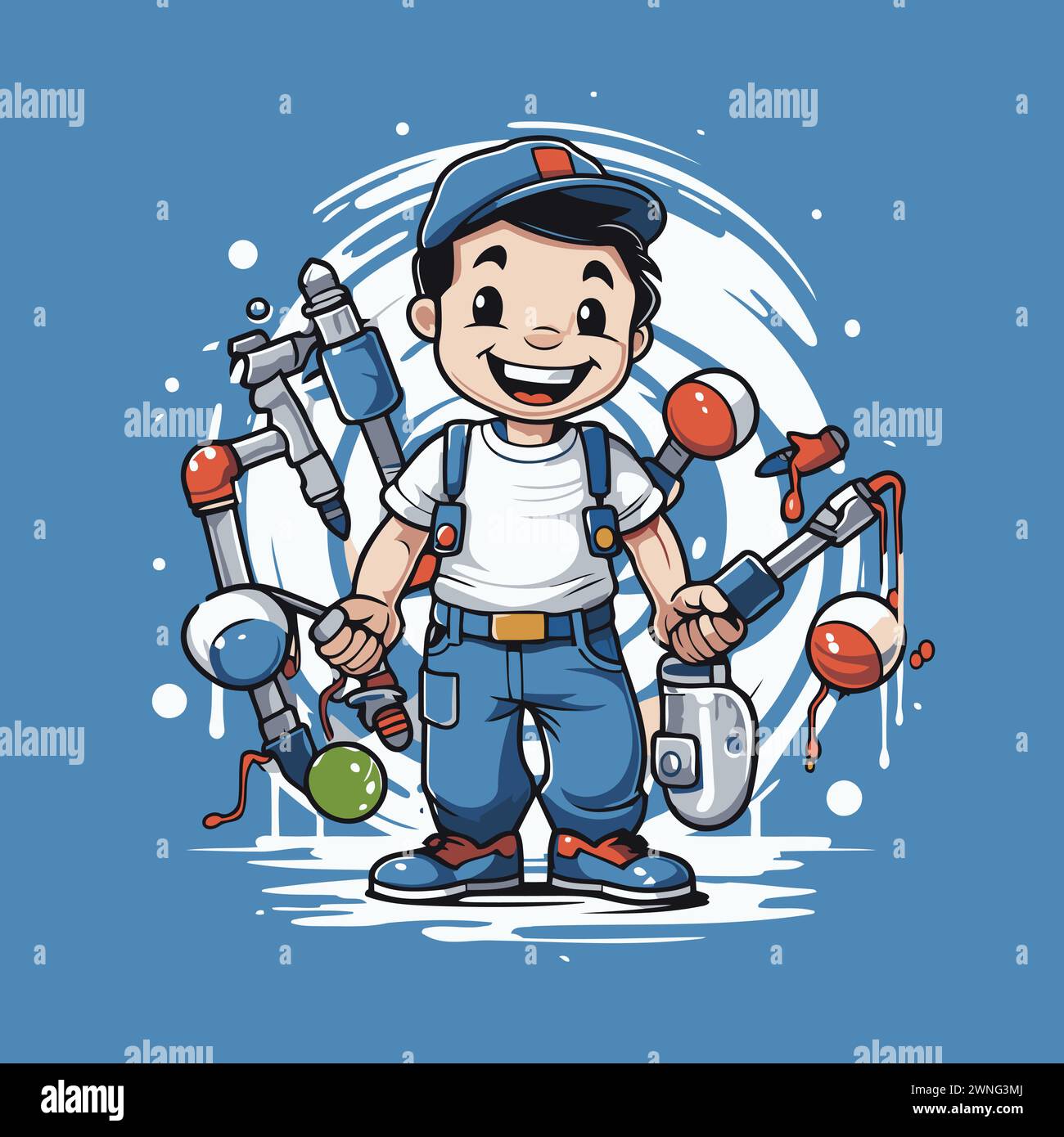 Cartoon handyman with tools on blue background. Vector illustration ...