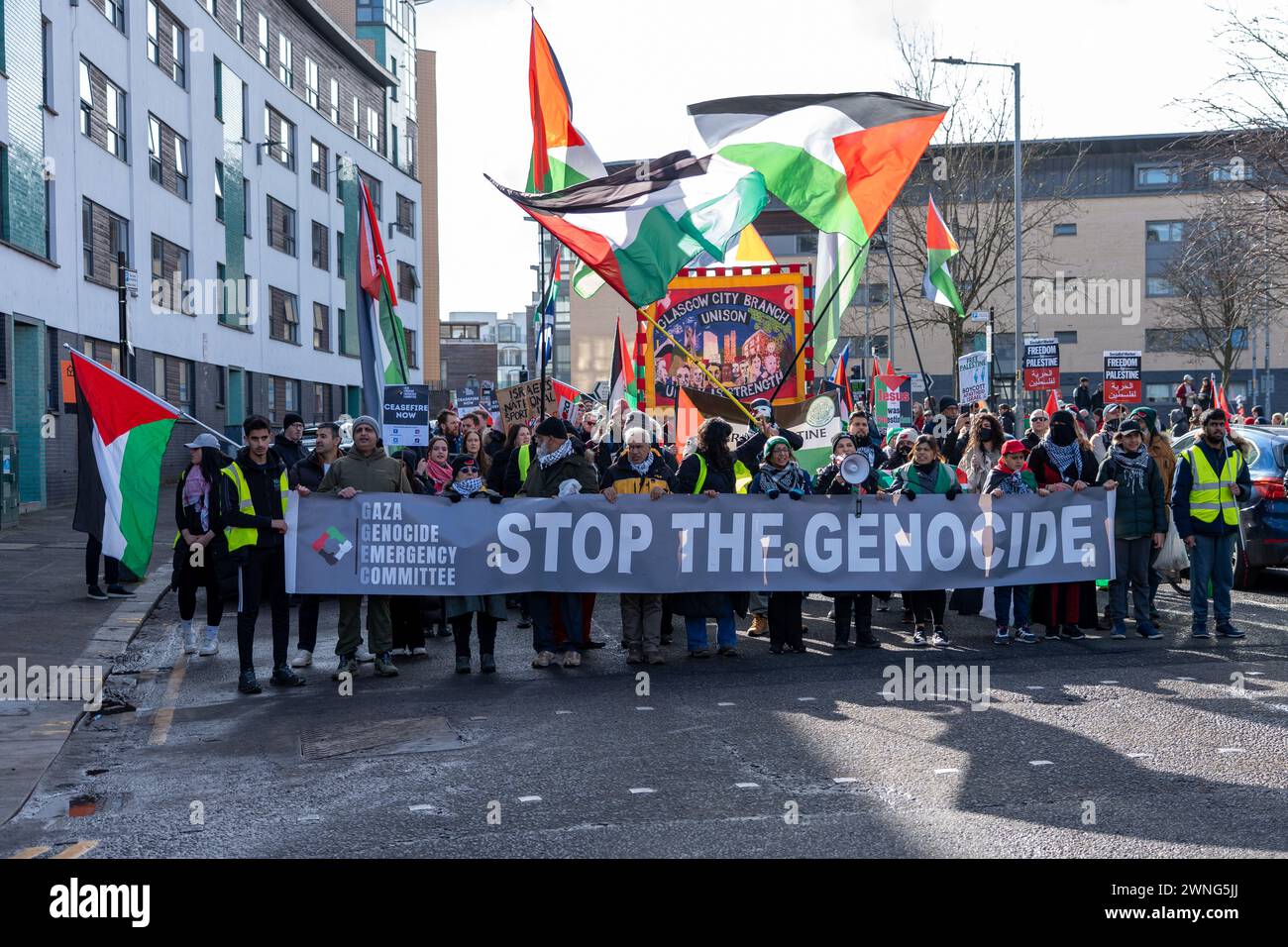 Glasgow, Scotland, UK. 02 March 2024. Pro-Palestinian protesters march ...