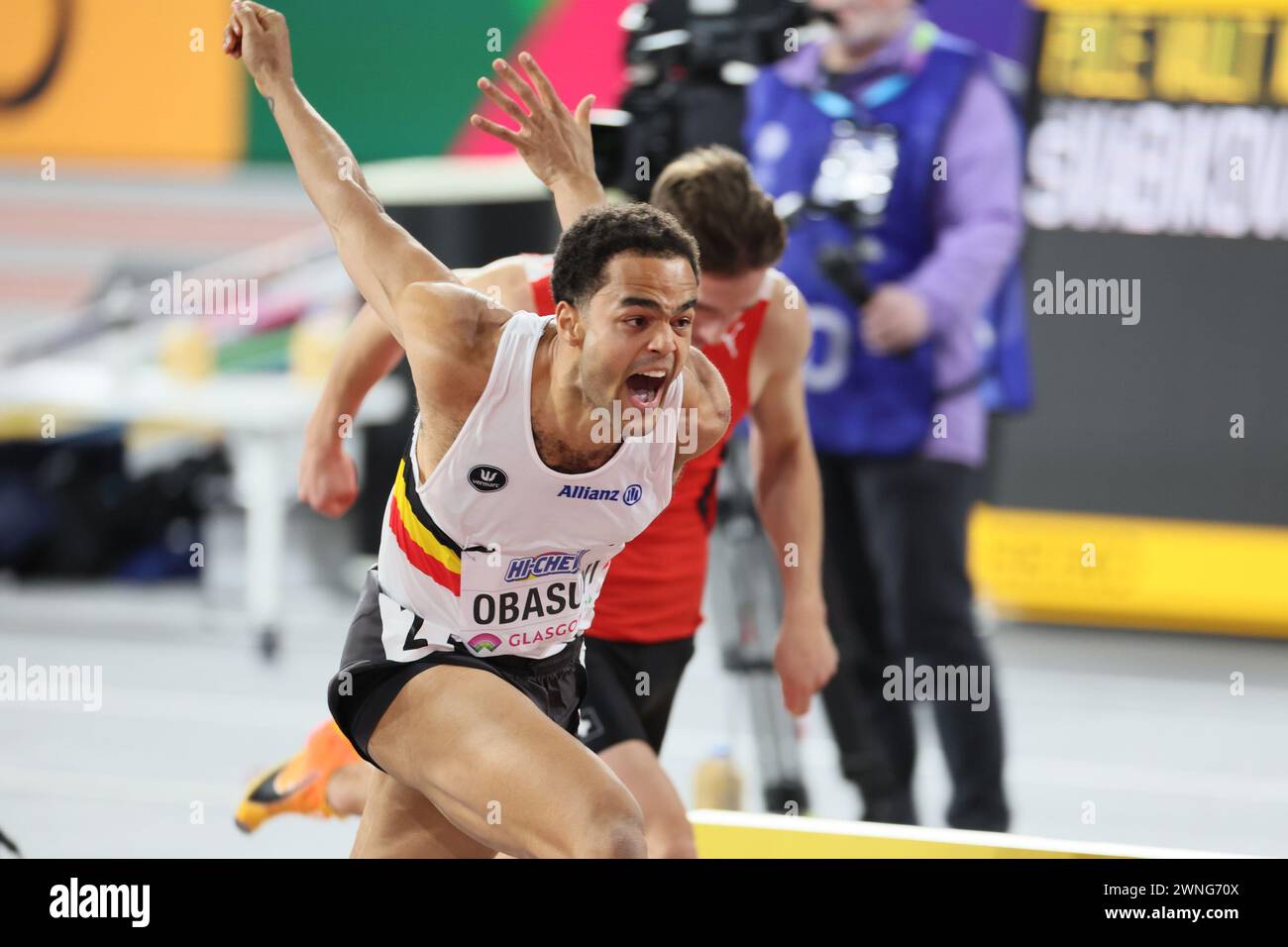 Glasgow, UK. 02nd Mar, 2024. Belgian Michael Obasuyi crosses the finish ...