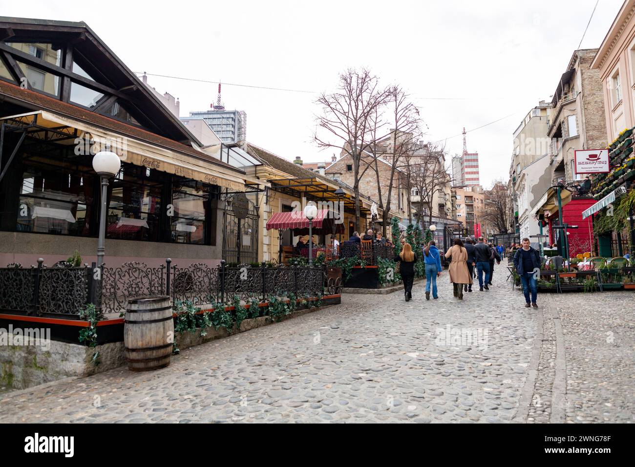 Belgrade, Serbia - 8 FEB 2024: Skadarska Street, a famous entertainment ...