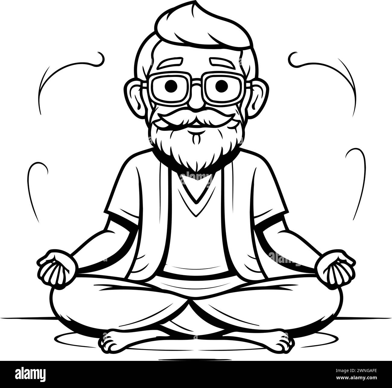 Cartoon Illustration Of A Senior Man Meditating In Lotus Position Stock
