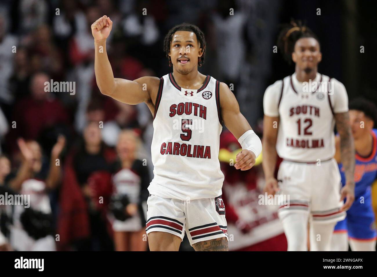 South Carolina guard Meechie Johnson (5) pumps his fist during the ...