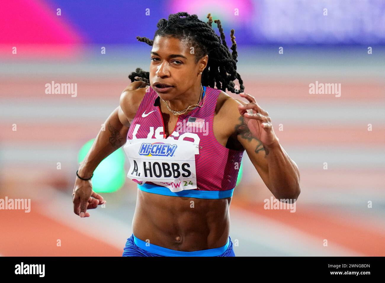 Aleia Hobbs, of the United States, competes in a women's 60 meters ...
