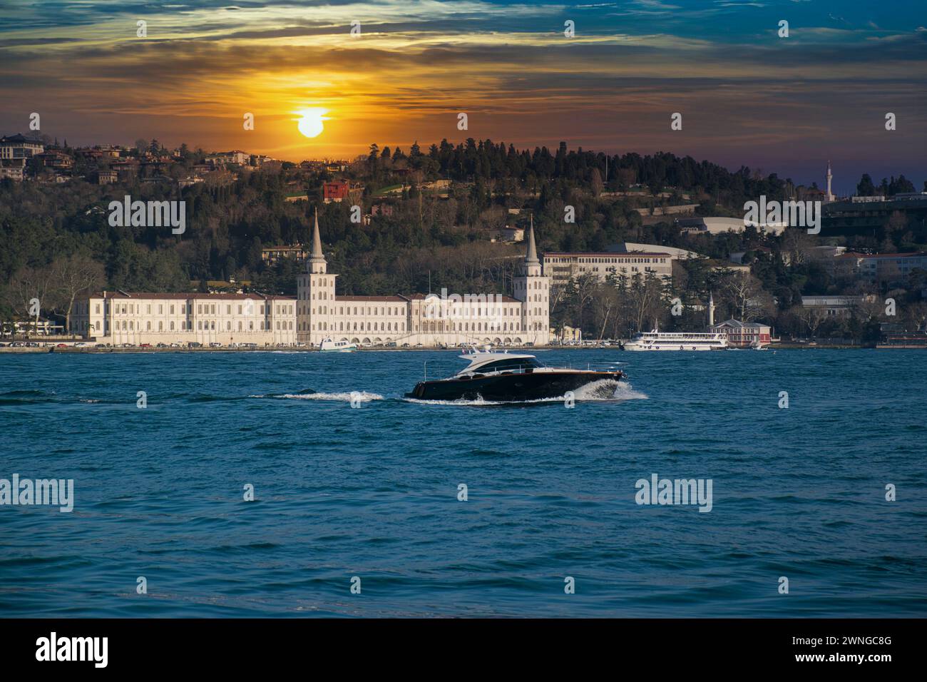 Power boat taxi in Bosphorus Strait moving fast and splashing water ...