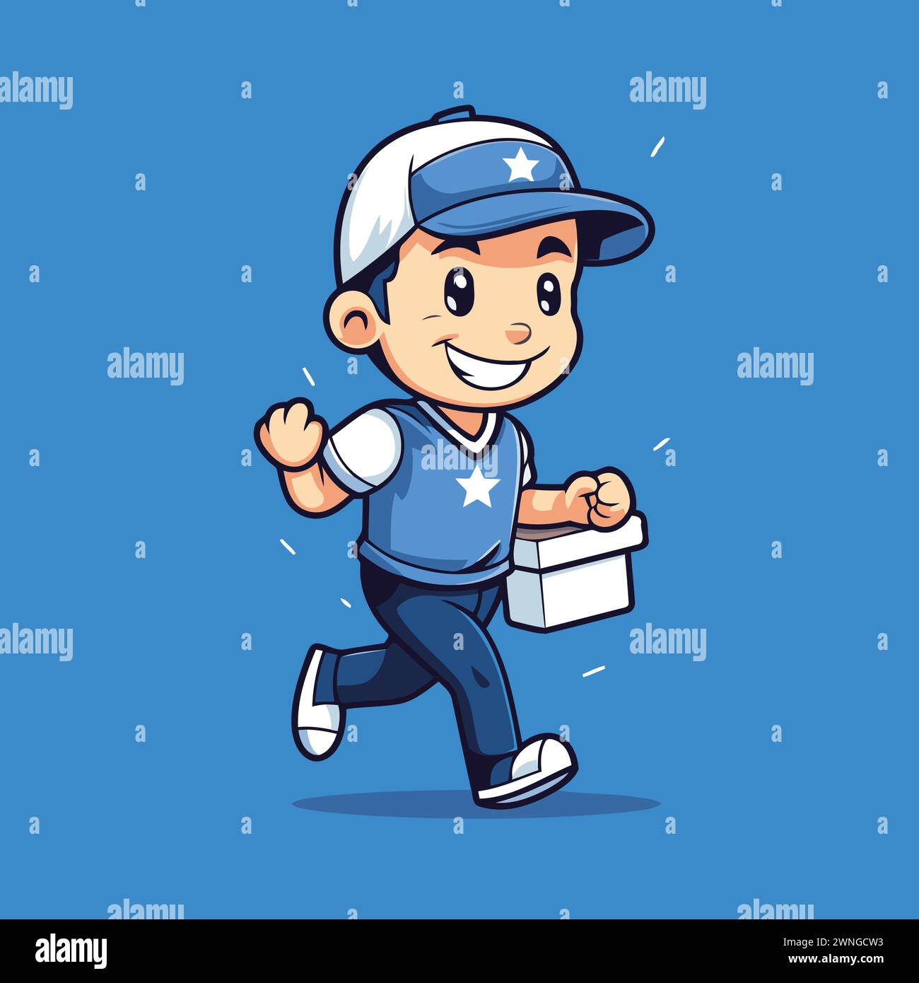 Cartoon delivery boy running with a parcel. Vector illustration on blue ...