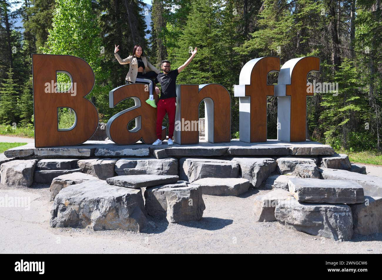 The big 'Banff', sign on the edge of town in the Rocky Mountains of ...