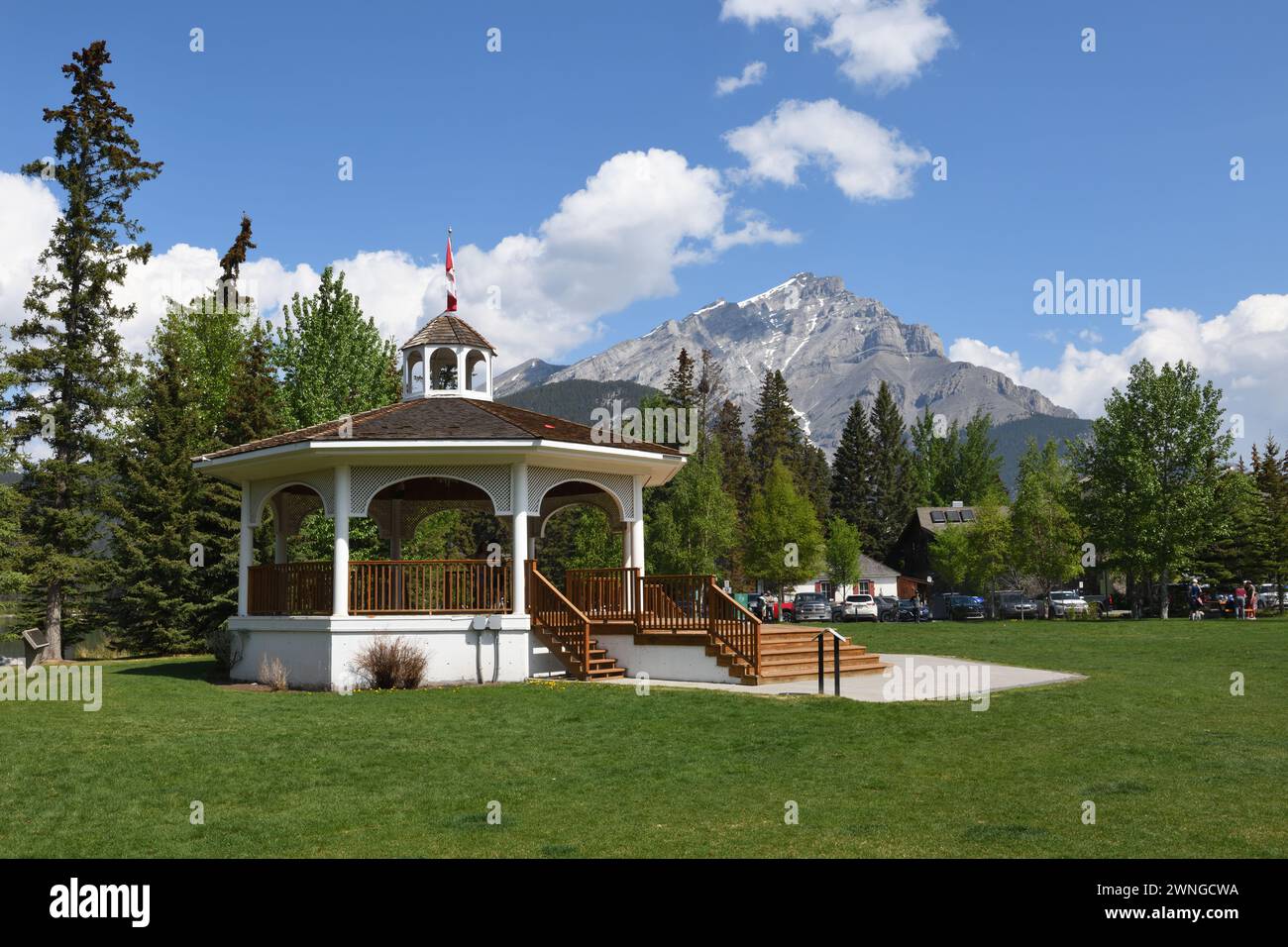 Louis Trono Gazebo in Banff's own Central Park with Cascade Mountain in ...