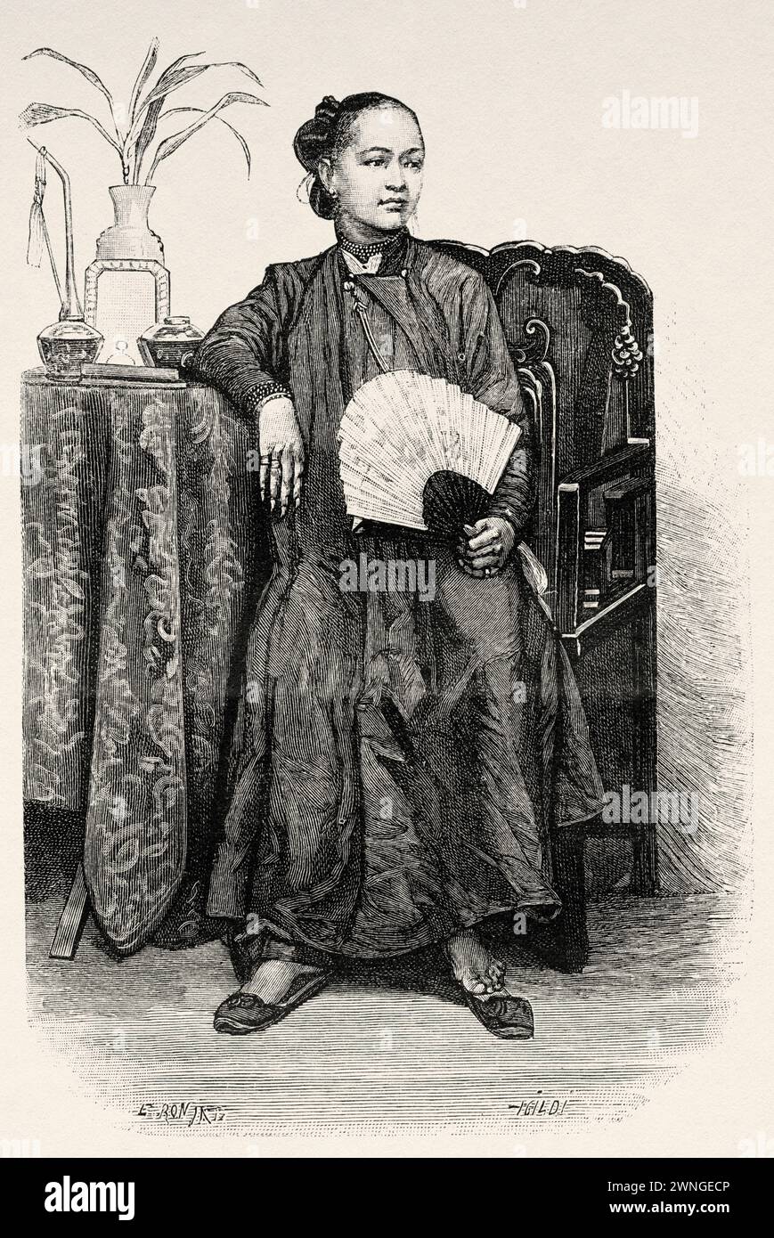 Tonkin woman dressed in traditional clothing with a fan. Tonkin, French ...
