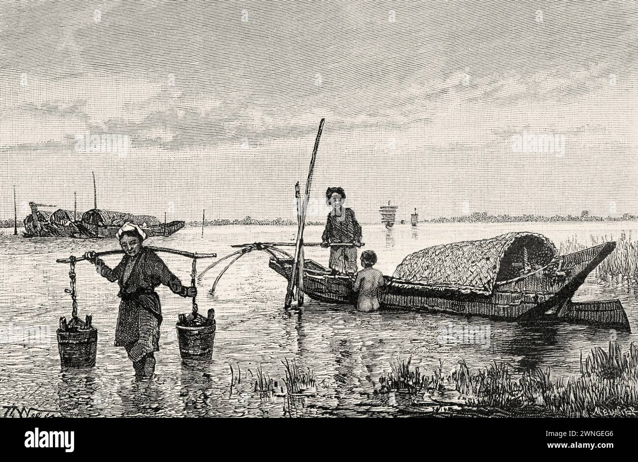 Traditional Vietnamese boat. Sampan on a river. Tonkin, French ...
