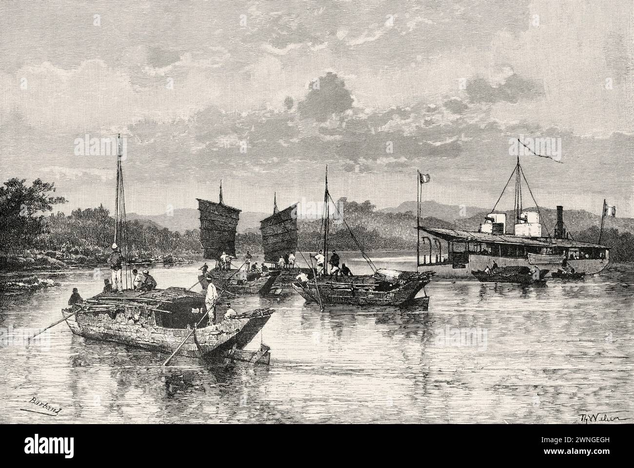 Traditional Vietnamese boat. Sampans on Clear River. Tonkin, French ...