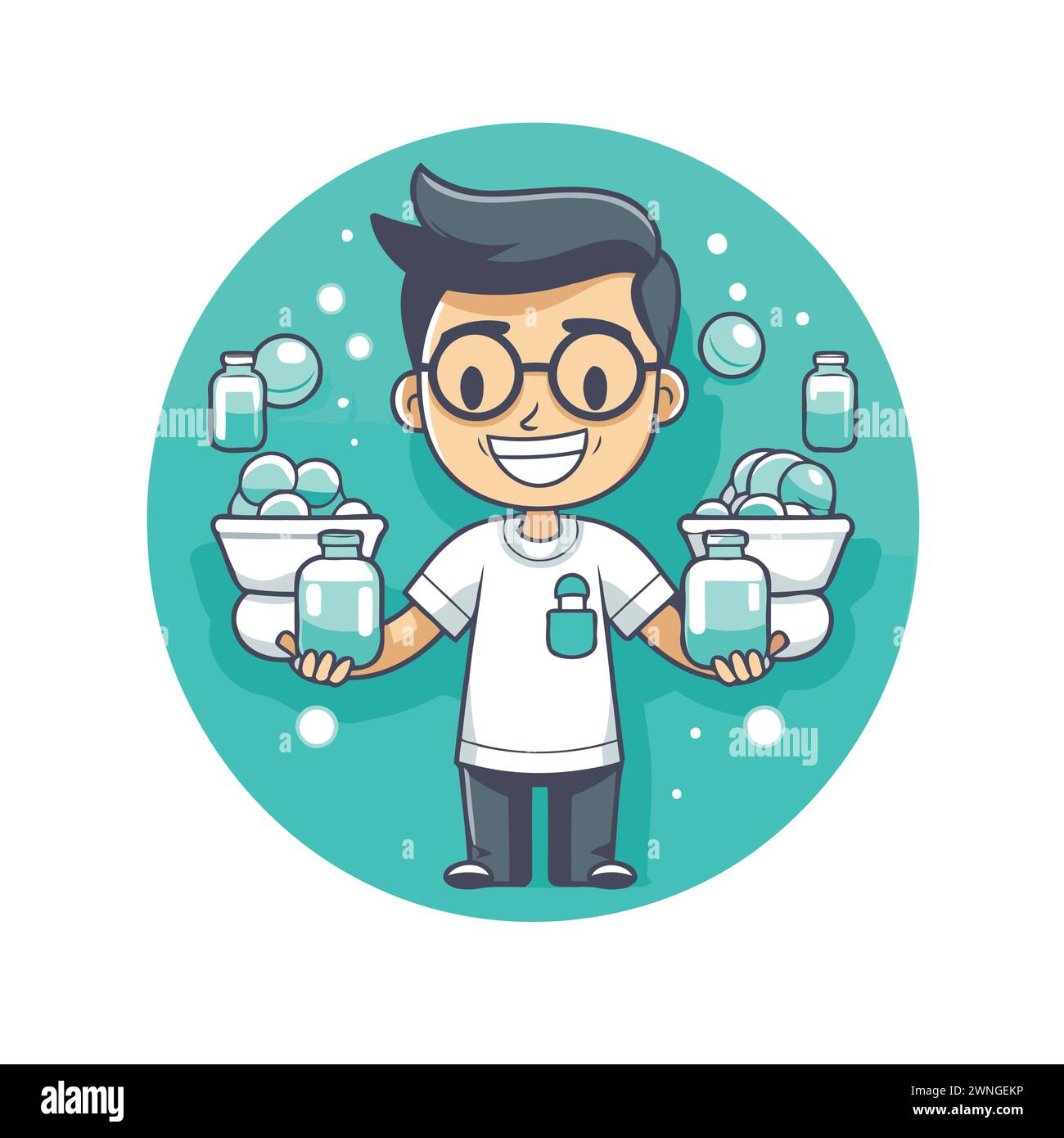 Cartoon man character wash hands with soap and shampoo. Vector ...