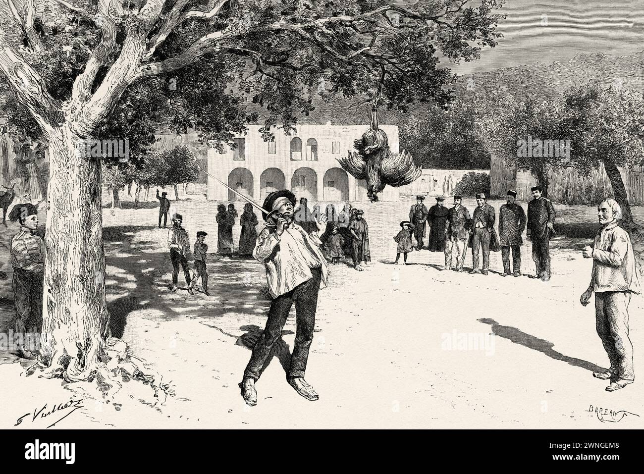 Ancient traditional festival of beheading roosters hanging from ropes ...