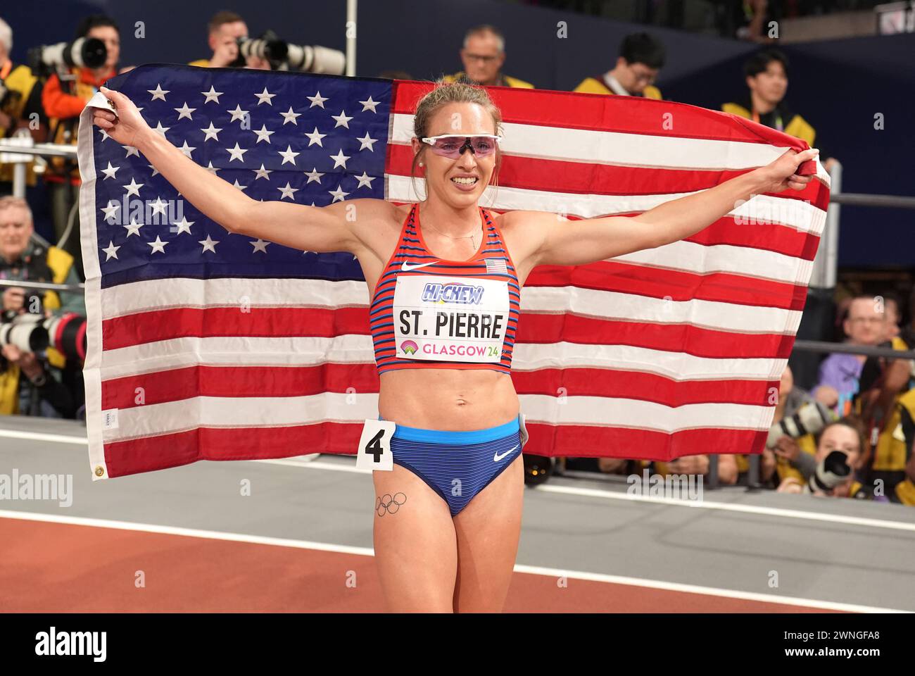 USA's Elle St. Pierre celebrates winning the Women's 3000 metres during ...