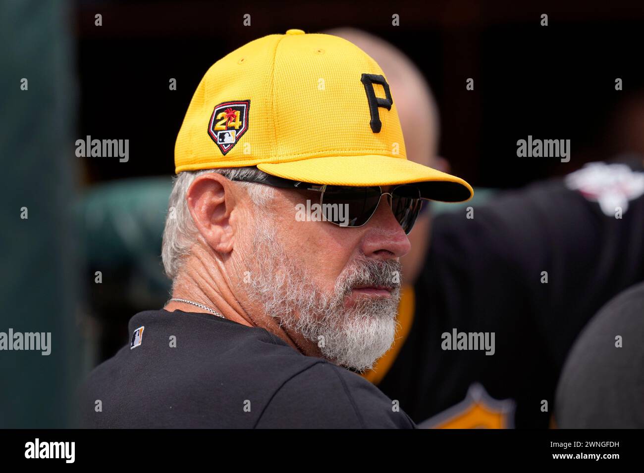 Pittsburgh Pirates manager Derek Shelton sits in the dugout during the ...