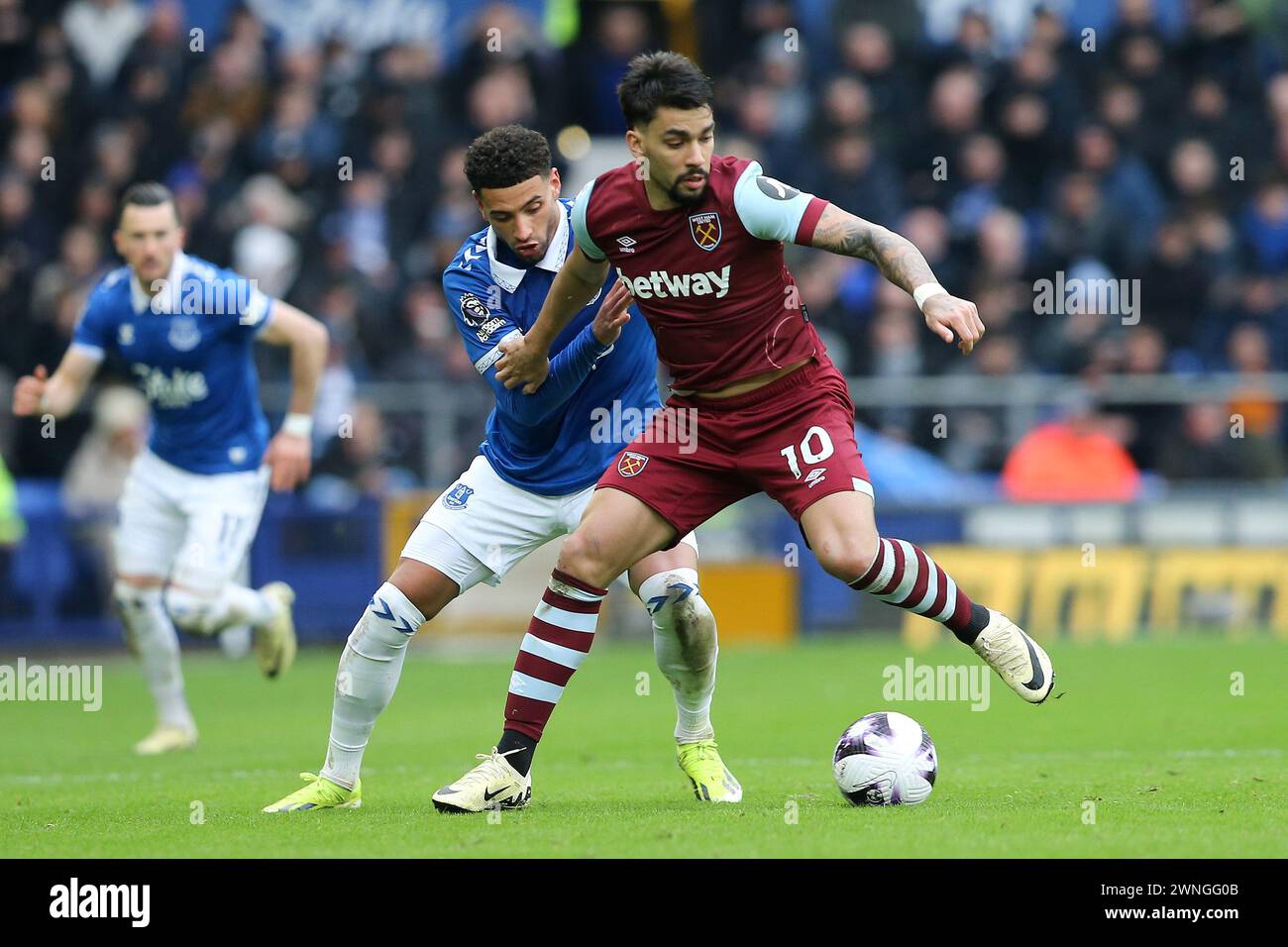 Liverpool, UK. 02nd Mar, 2024. Lucas Paqueta of West Ham United shields ...