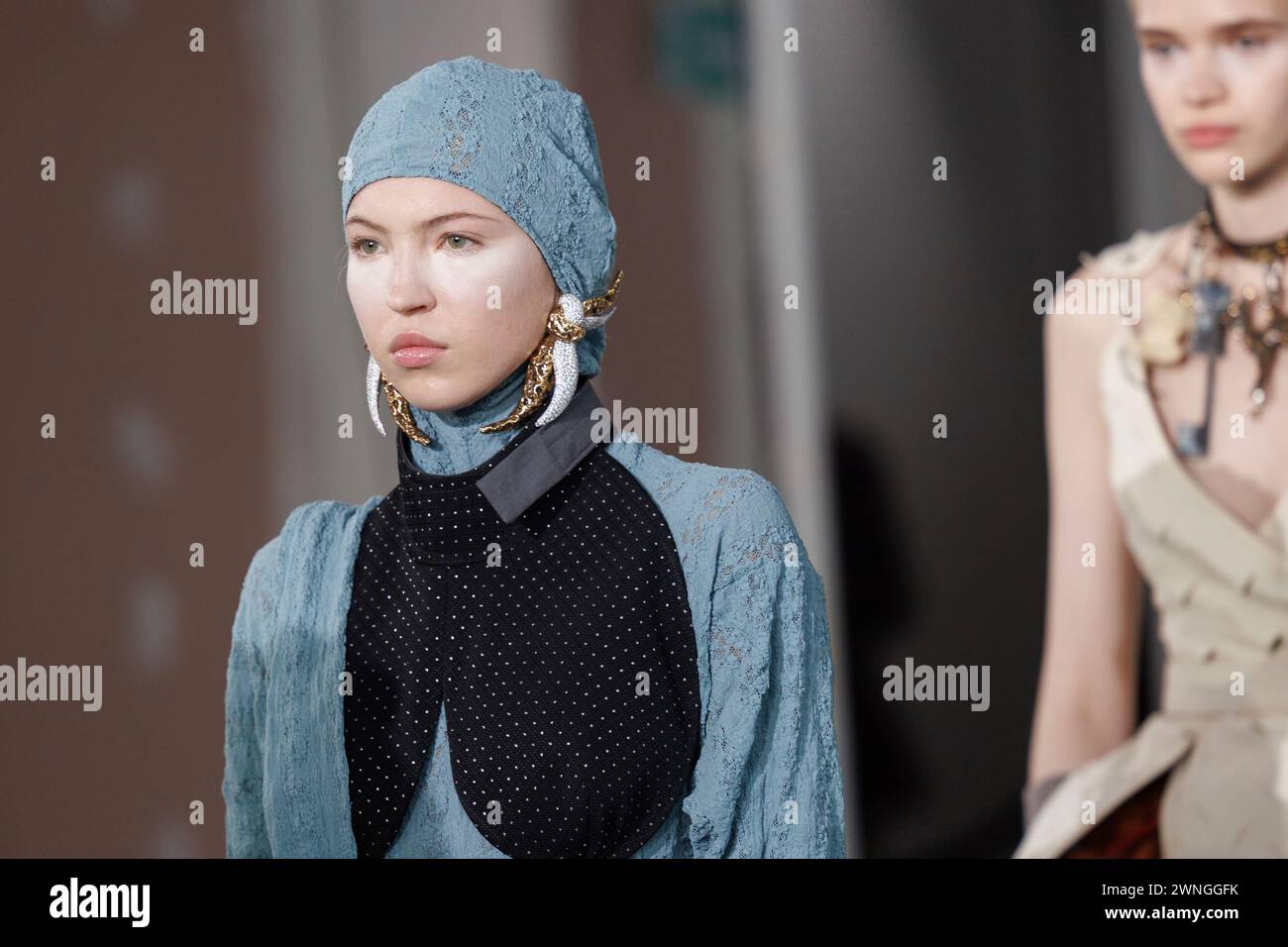 Lila Moss wears a creation as part of the Vivienne Westwood Fall/Winter 2024-2025 ready-to-wear ...