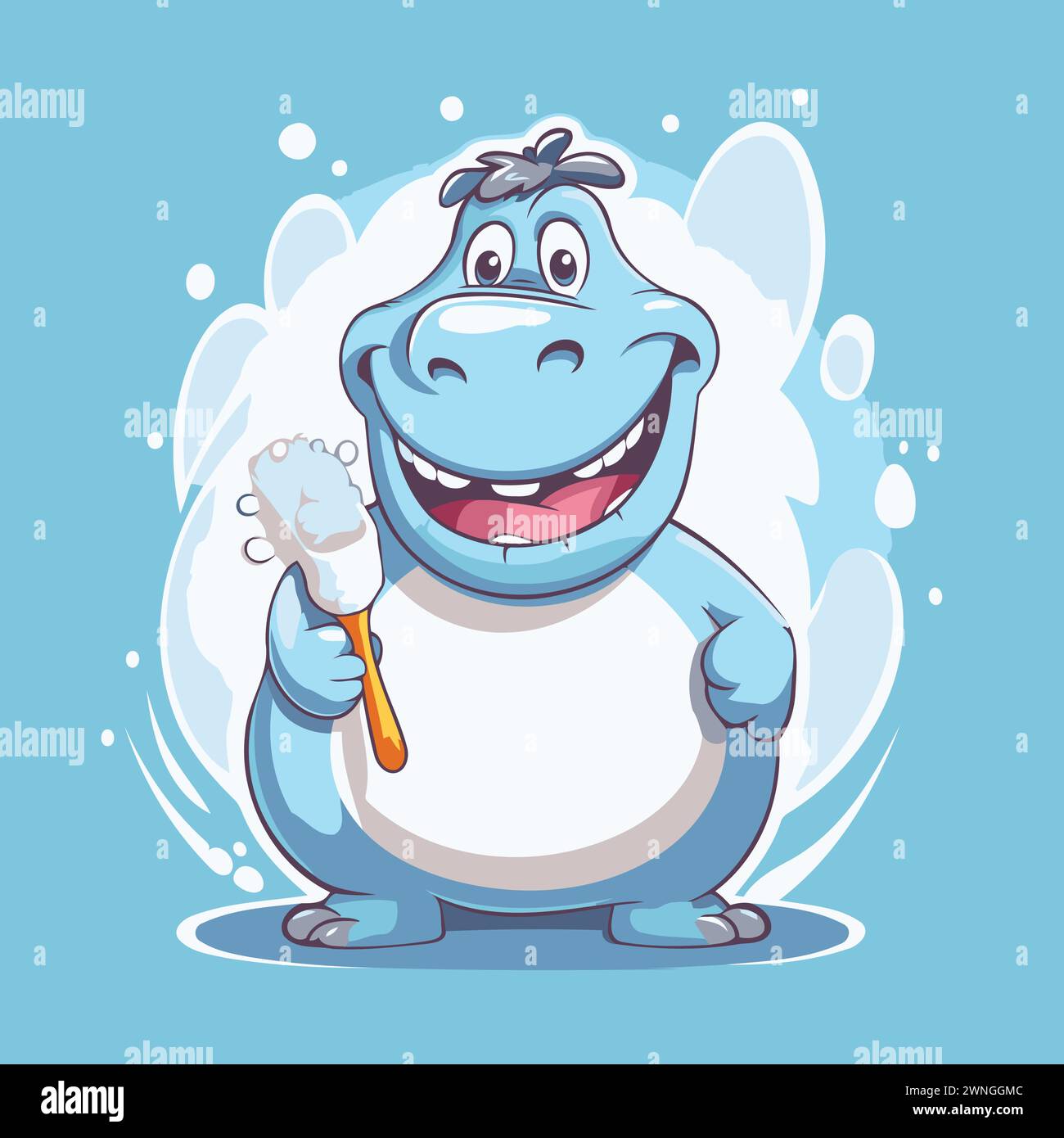 Cartoon hippo with toothbrush on blue background. Vector illustration ...