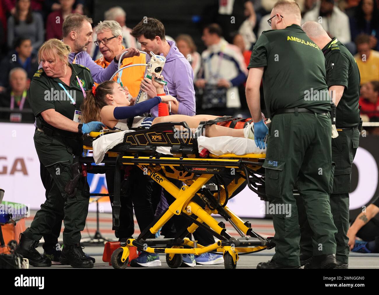 France's Margot Chevrier taken from the field on a stretcher after ...