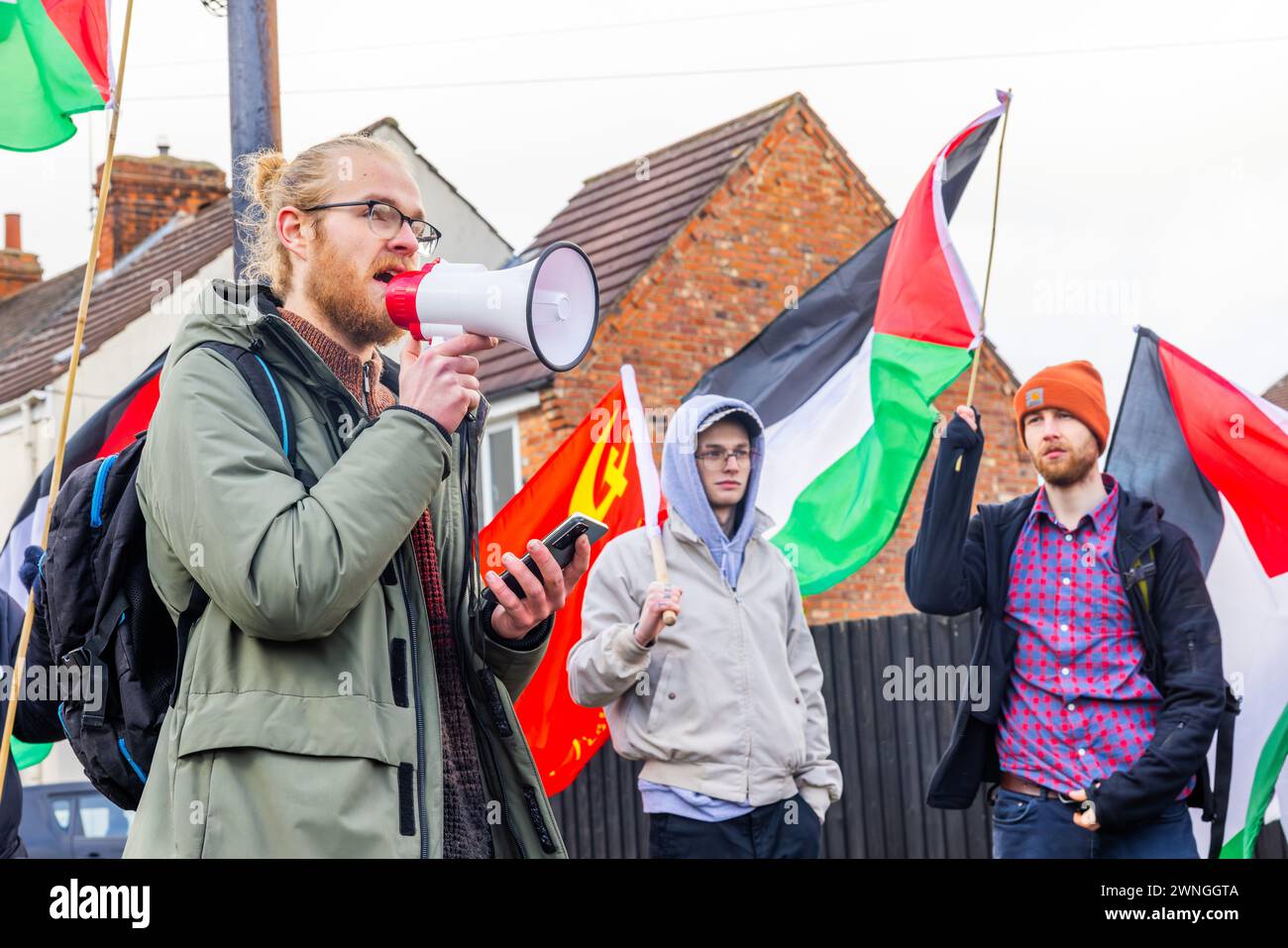 Brough, UK. 02 MAR, 2024. Pro Palestine protestor gives a speech in ...