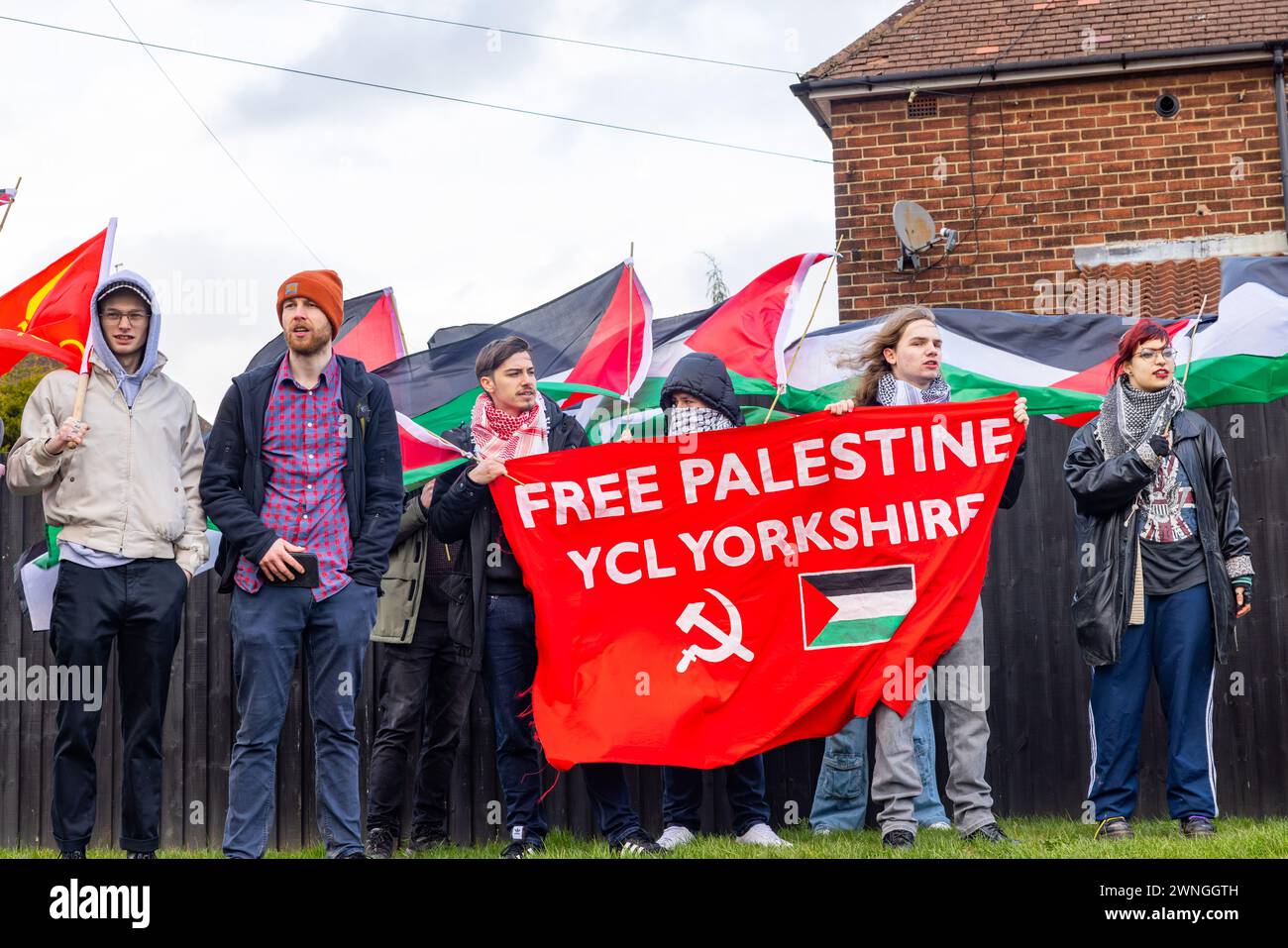 Brough, UK. 02 MAR, 2024. Gathered Pro Palestine protestors wave ...