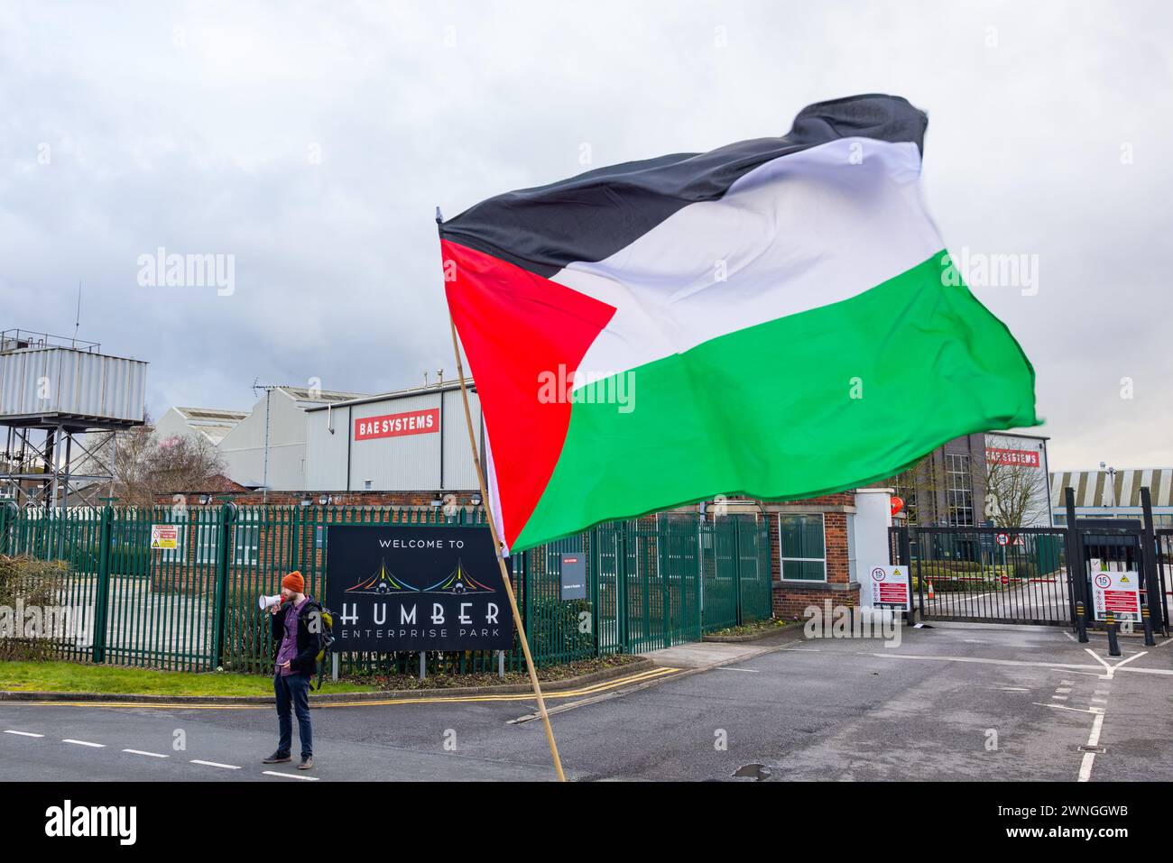 Brough, UK. 02 MAR, 2024. A Palestine flag flies over a pro palestine ...