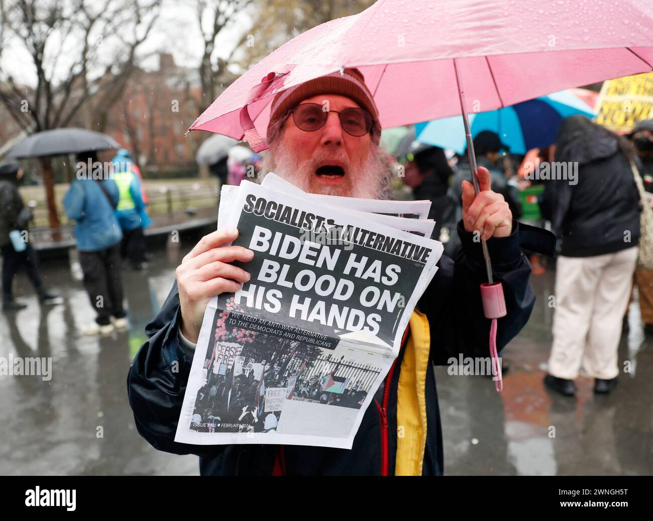 New York, United States. 02nd Mar, 2024. Protesters hold signs and ...