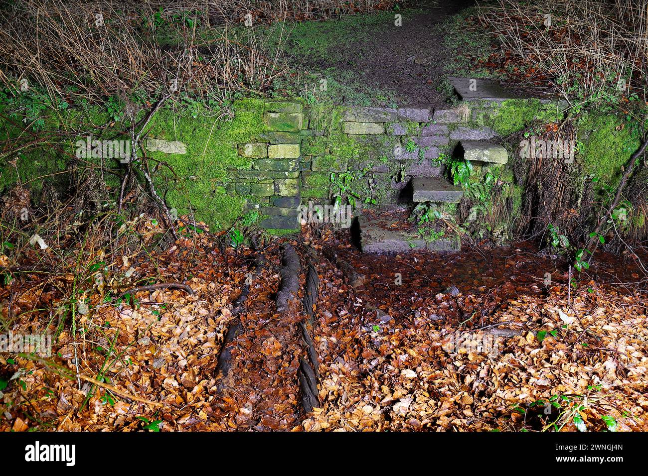 Steps built in to a stone wall that leads to Harewood Castle near Leeds ...