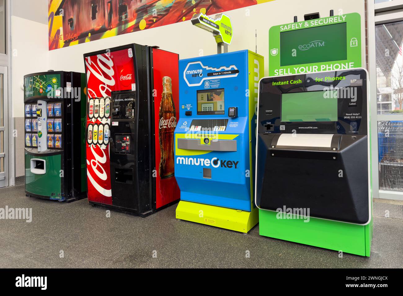 Self service and vending machines at the entrance of Walmart superstore ...