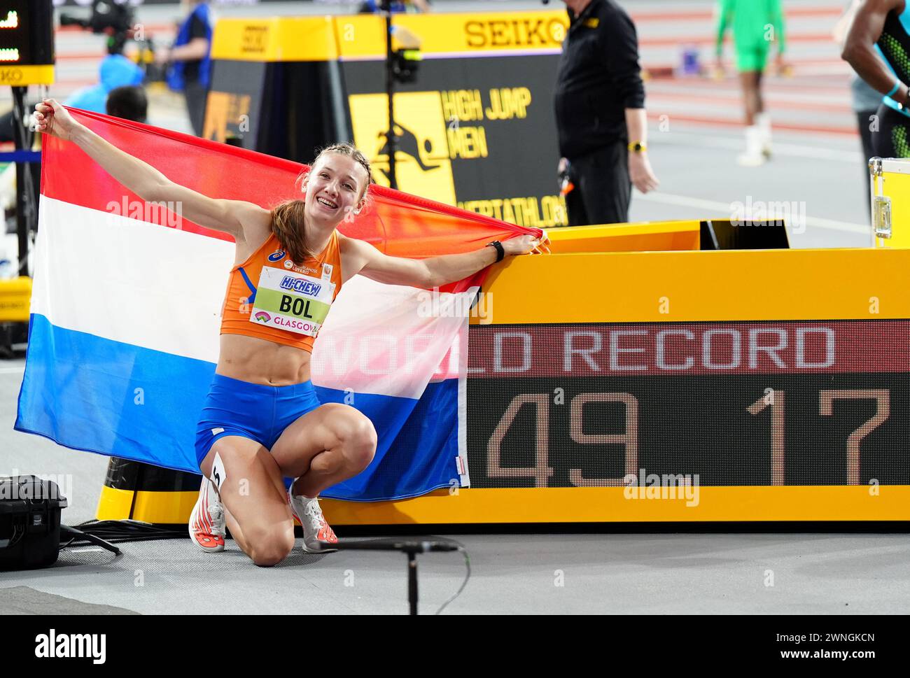Netherlands' Femke Bol celebrates setting the world ecord in the Wome's ...