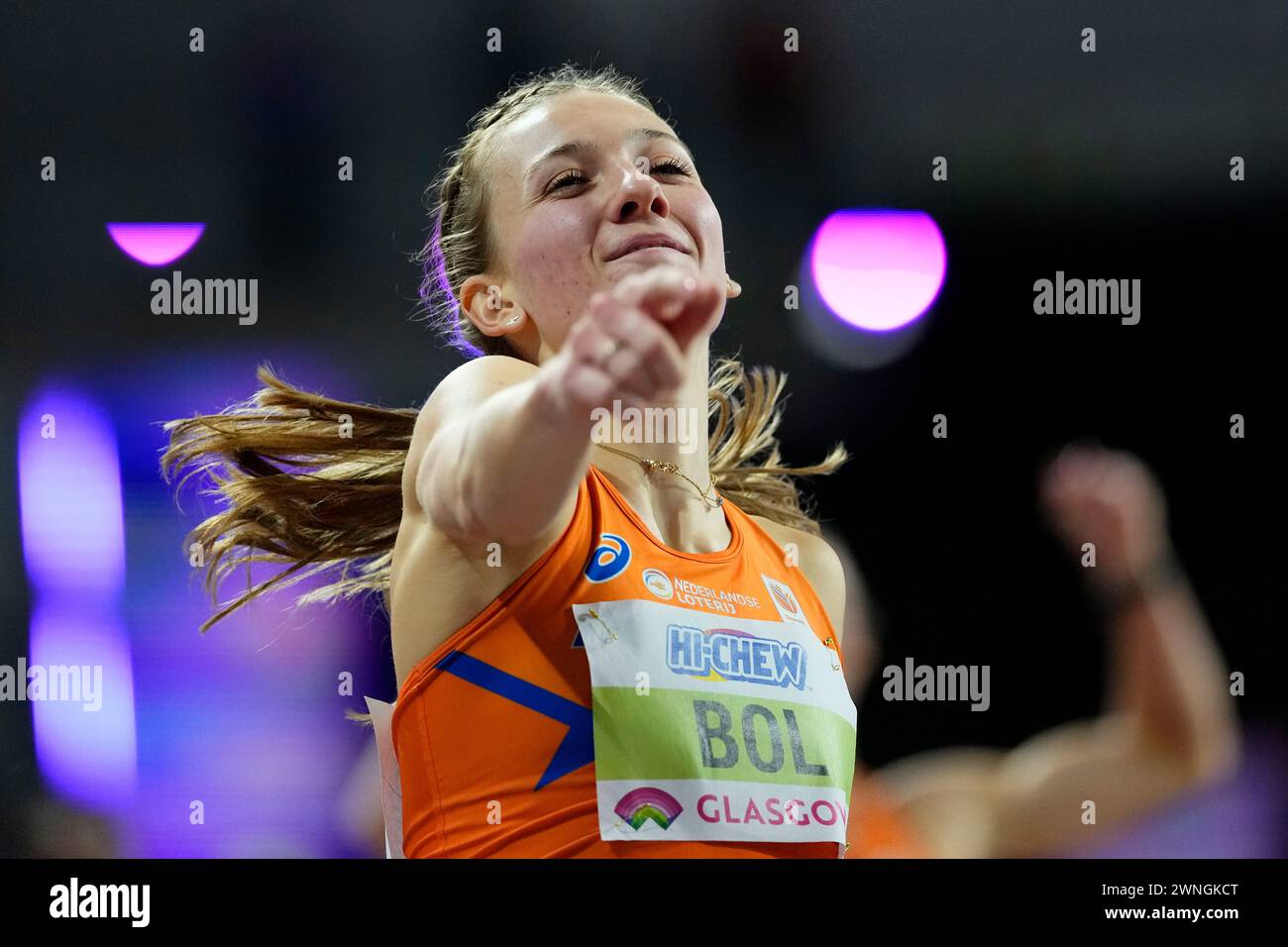 Femke Bol, of the Netherlands, reacts after winning the gold medal in ...