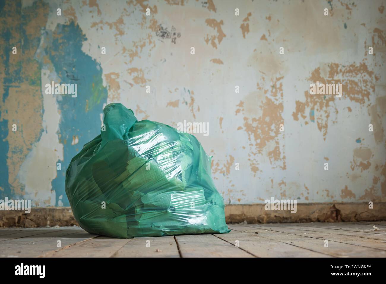 Rubbish bag full of stripped wallpaper pieces during room renovation in ...