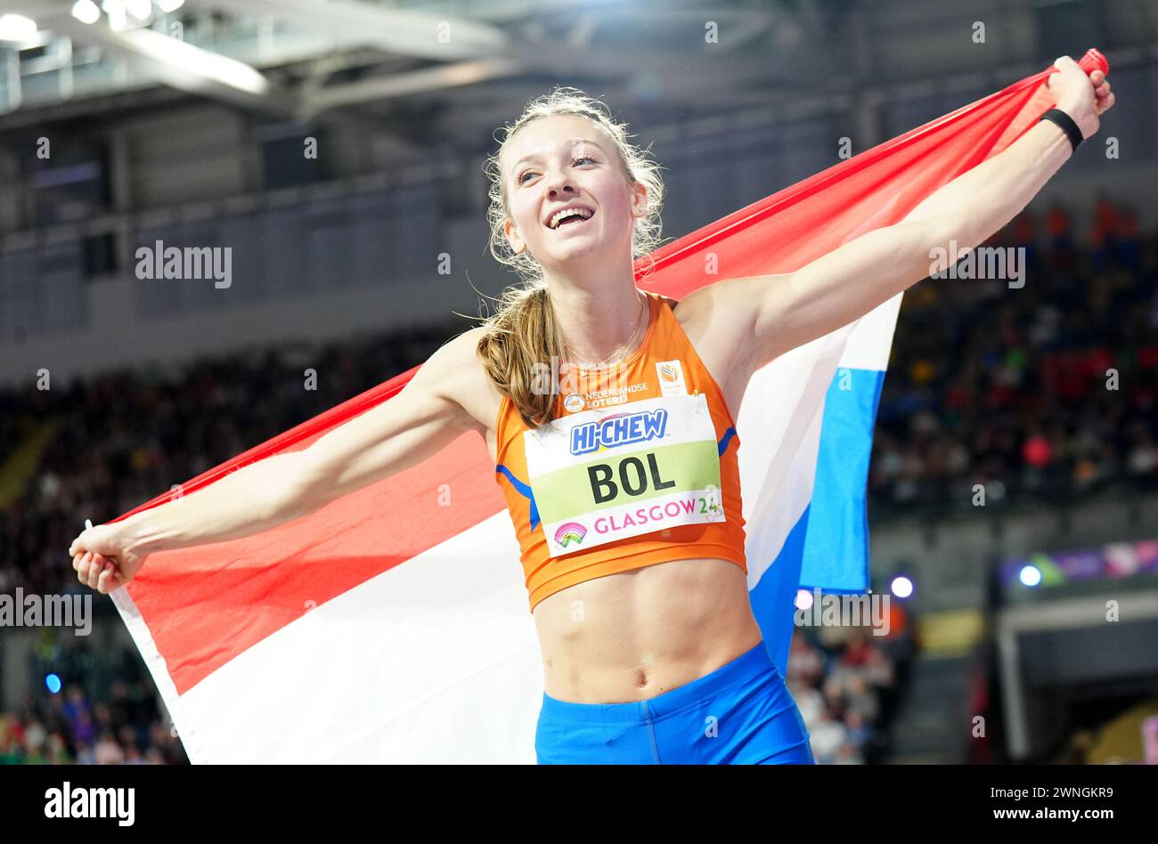 Netherlands' Femke Bol celebrates setting the world record in the Women ...