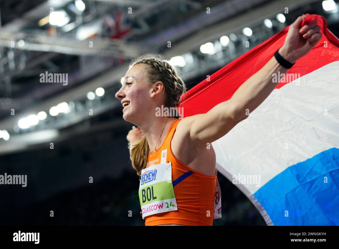Femke Bol, of the Netherlands, celebrates after winning the gold medal ...