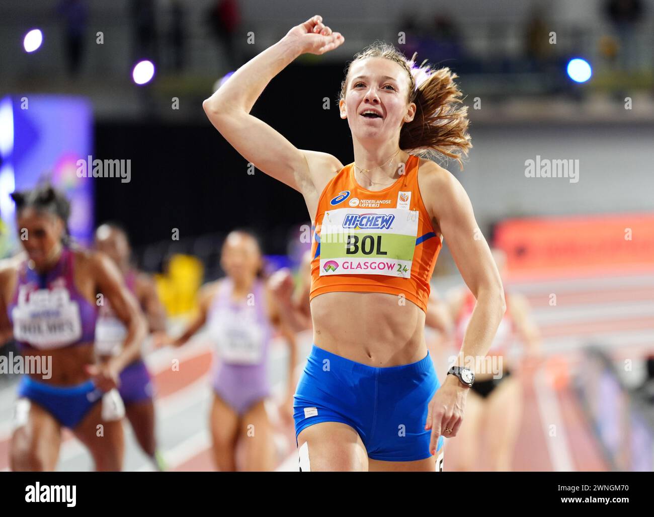 Netherlands' Femke Bol celebrates setting the world record in the Women ...